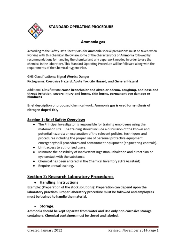 Ammonia Gas SOP | PDF | Laboratories | Safety