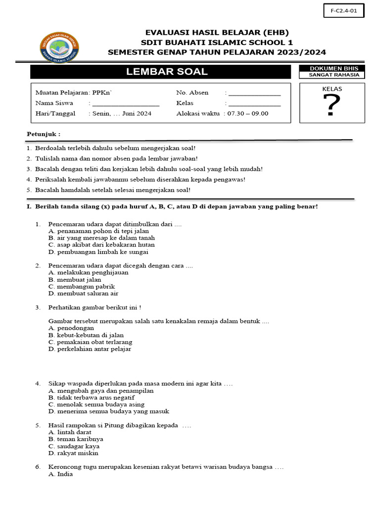 Contoh Format Soal Bidang Studi - 2324 | PDF