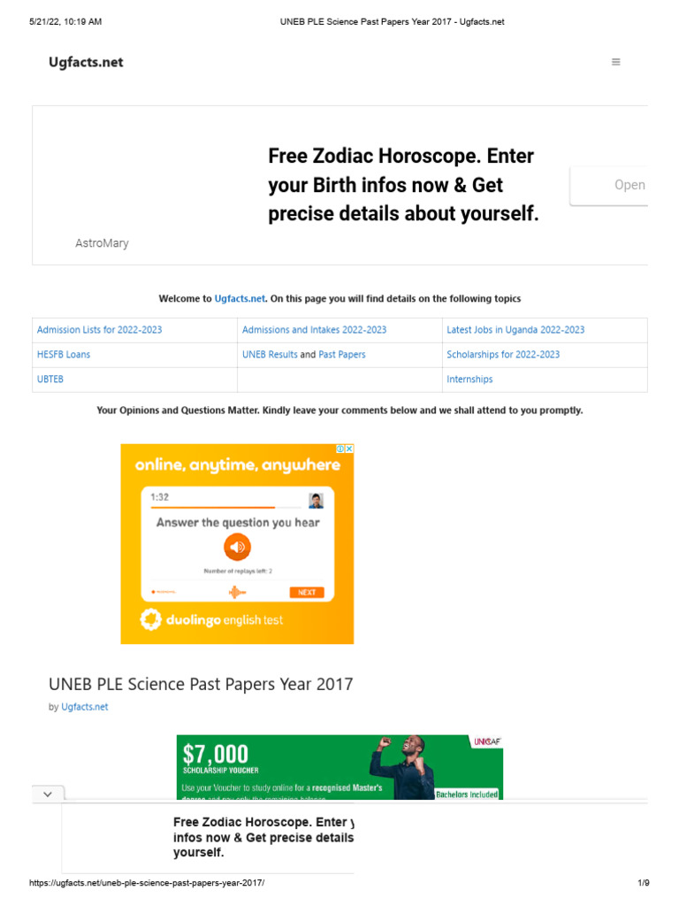 UNEB PLE Science Past Papers Year 2017 | PDF | Cattle | Germination