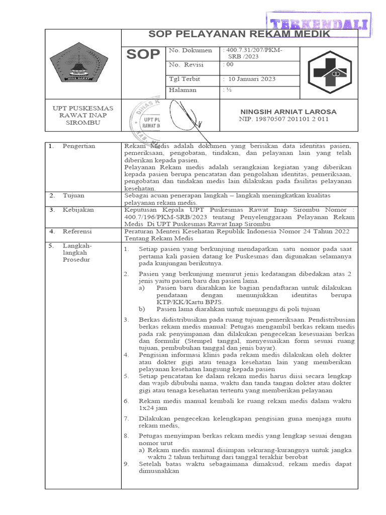 SOP Pelayanan Rekam Medis | PDF