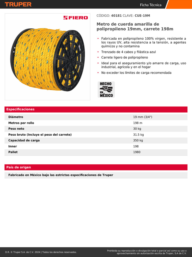 Metro de Cuerda Amarilla de Polipropileno 19mm, Carrete 198m | PDF