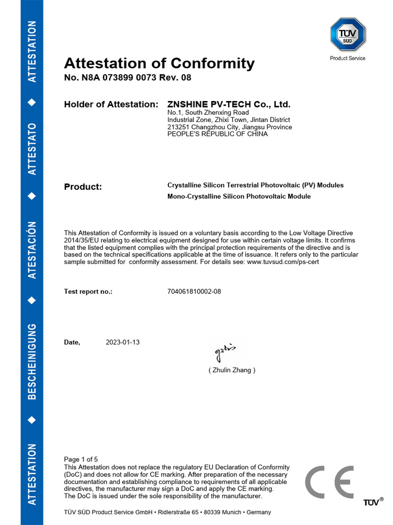 Certificado Conformidad ZNSHINE ZXM7-EHLD144 555W | PDF | Manufactured Goods | Electronics
