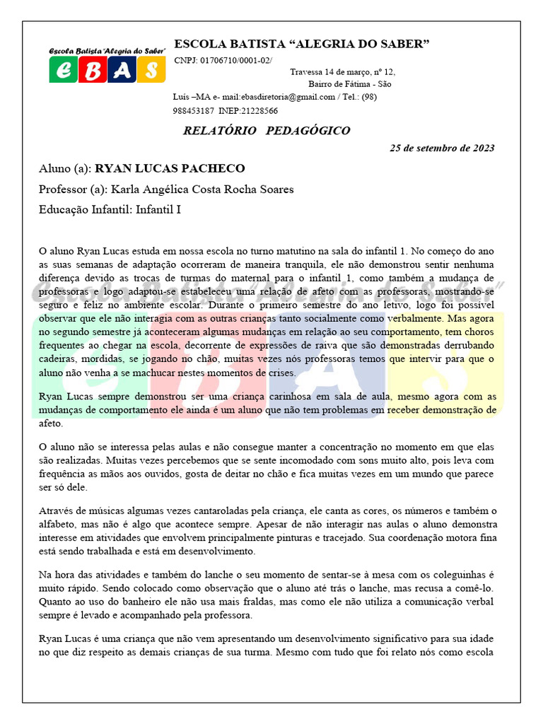 Relatório Ryan Lucas Pacheco 2023 | PDF | Escolas