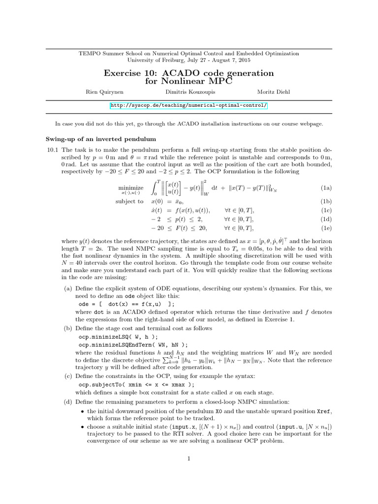 Exercise 10 Acado Code Generation Pdf Ordinary Differential Equation Applied Mathematics