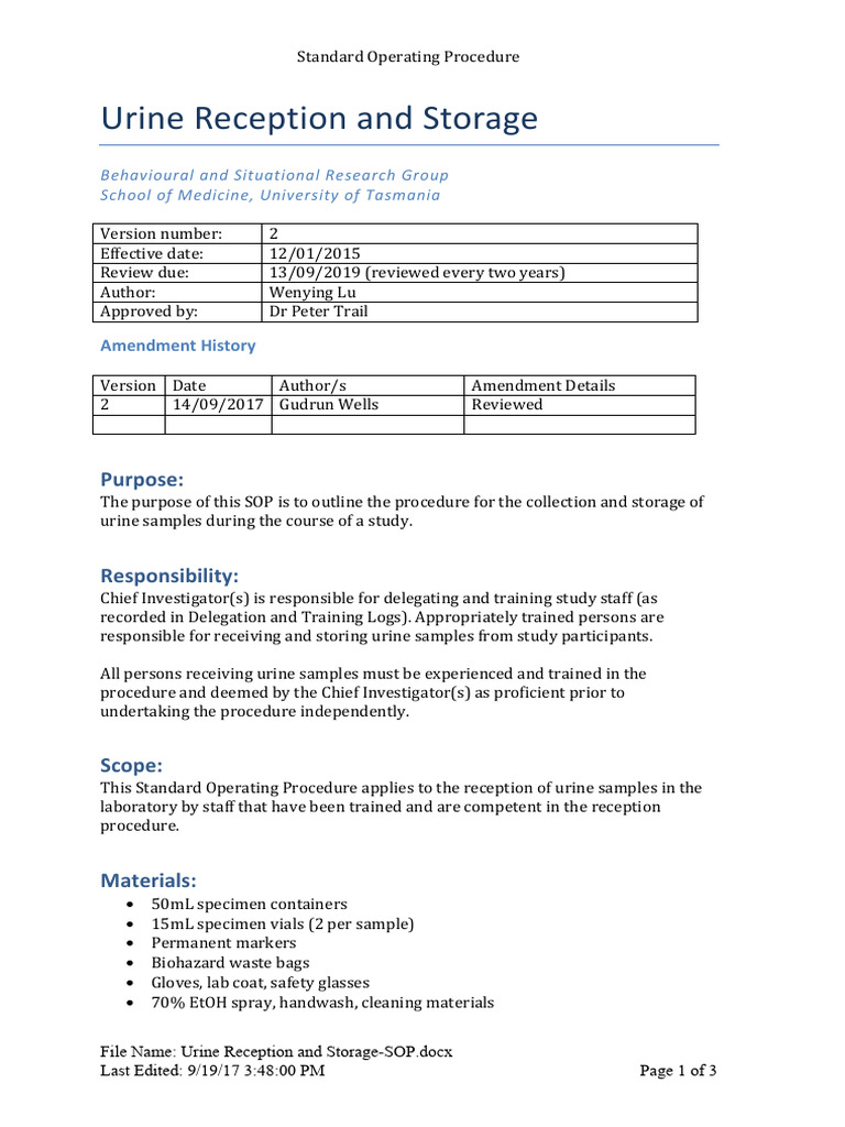 Urine Reception and Storage SOP | PDF | Refrigerator
