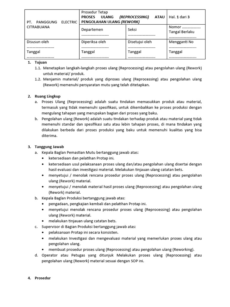P. Prosedur Proses Ulang (Reprocessing) Atau Pengolahan Ulang (Rework ...