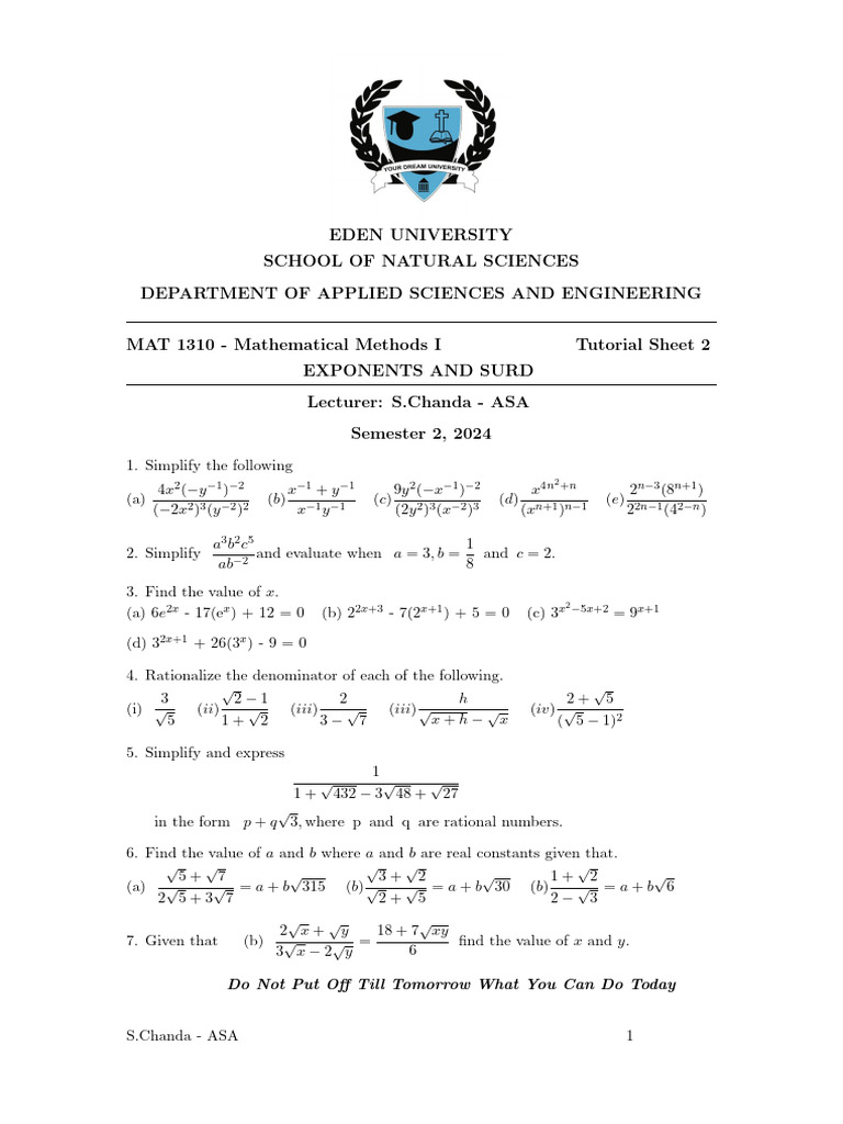 Mat 1310 Tutorial Sheet 2 Exponents and Surds | PDF | Mathematics ...