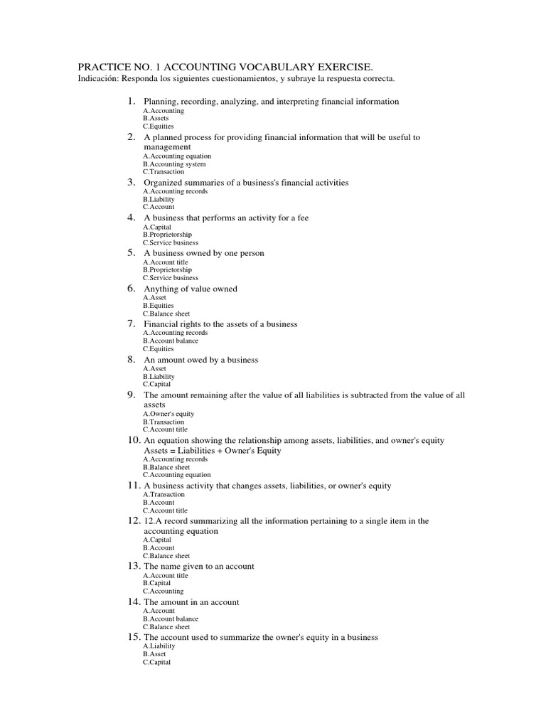 Accounting Vocabulary Practice | PDF | Equity (Finance) | Balance Sheet