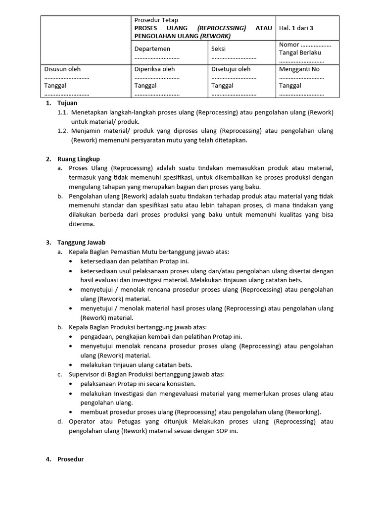 P. Prosedur Proses Ulang (Reprocessing) Atau Pengolahan Ulang (Rework ...