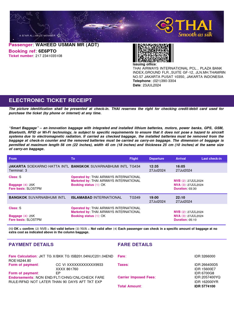 Thai Airways Electronic Ticket Receipt | PDF | Dangerous Goods | Common ...