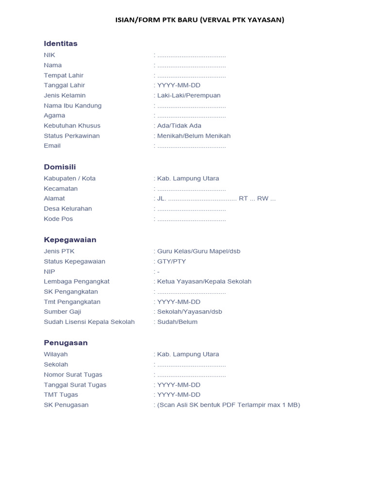 Isian Form PTK Baru Verval PTK Yayasan - Salin | PDF | Karier ...