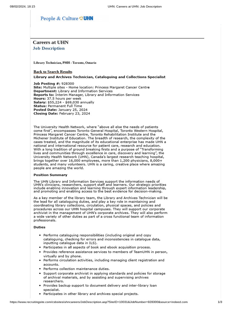 UHN - Careers at UHN - Job Description | PDF | Libraries | Archive