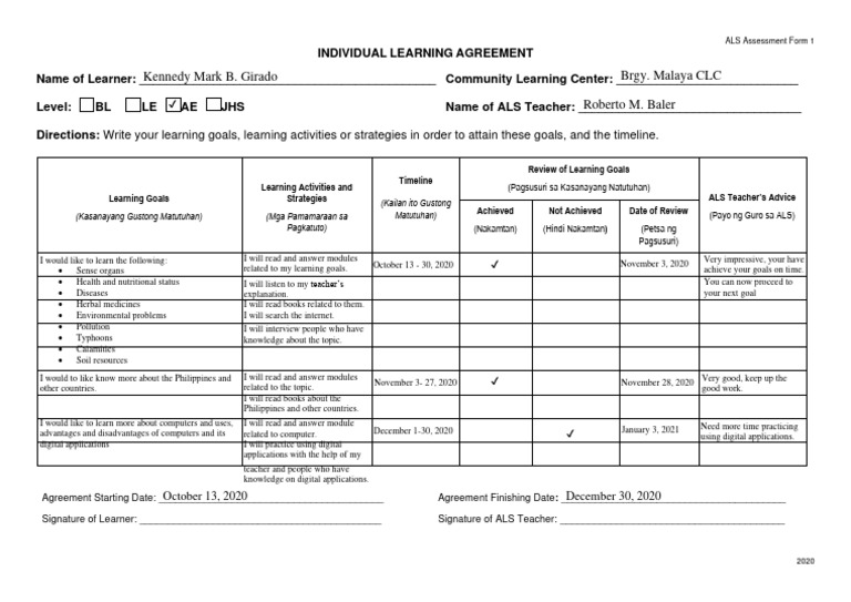ALS Assessment Form 1 Sample AEL | PDF | Cognitive Science | Cognition