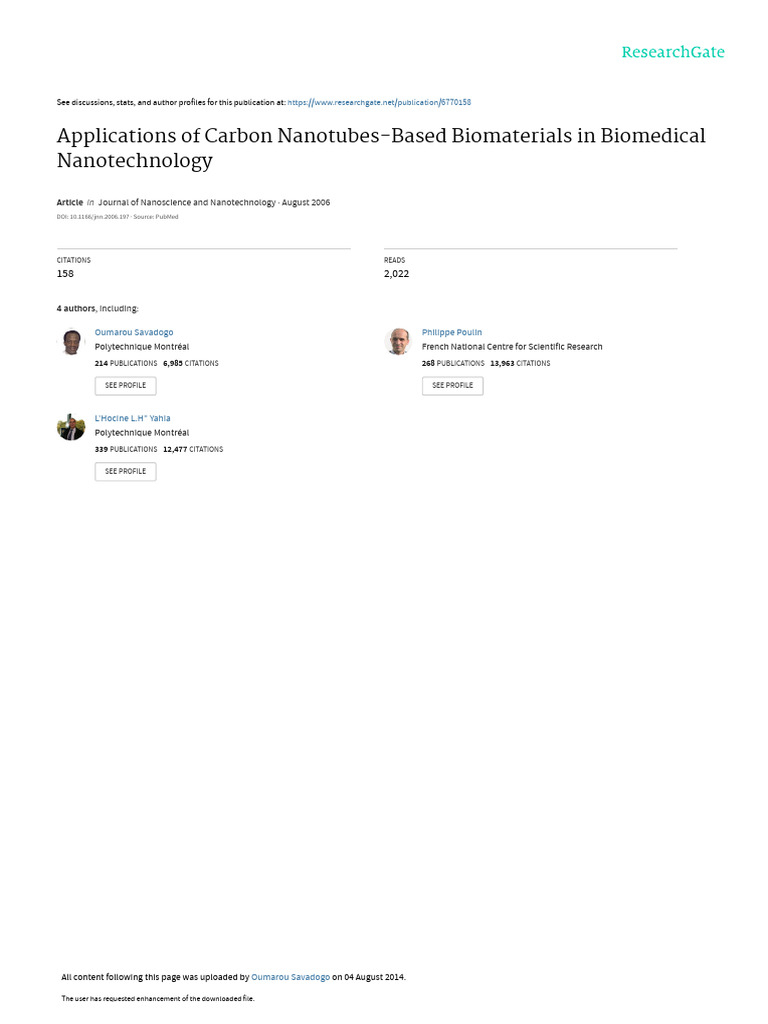 Polizu Savadogoetal CNT JNN 1 | PDF | Carbon Nanotube | Nanotechnology