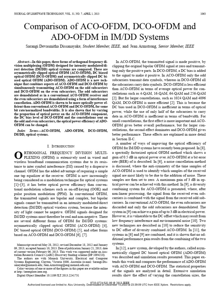 ACO-OFDM vs DCO-OFDM in IM/DD | PDF | Orthogonal Frequency Division ...