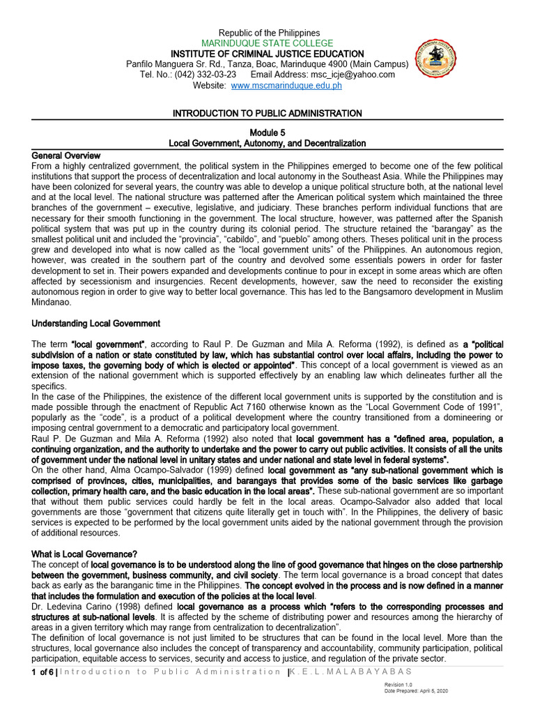 Module 5 Local Government, Autonomy, and Decentralization | PDF ...