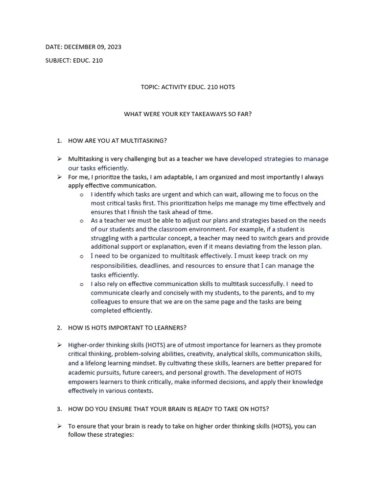 Enhancing Higher-Order Thinking Skills | PDF | Critical Thinking | Thought