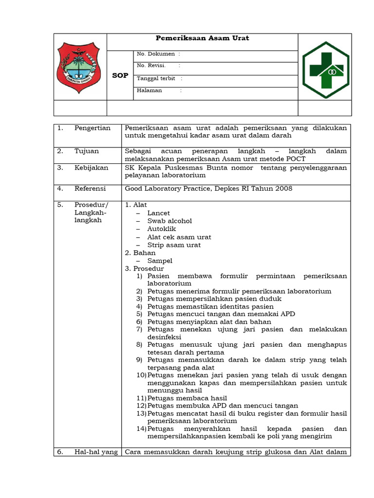 3.9.1.b SOP PEMERIKSAAN ASAM URAT METODE POCT | PDF | Pengembangan Diri | Kesehatan Holistik