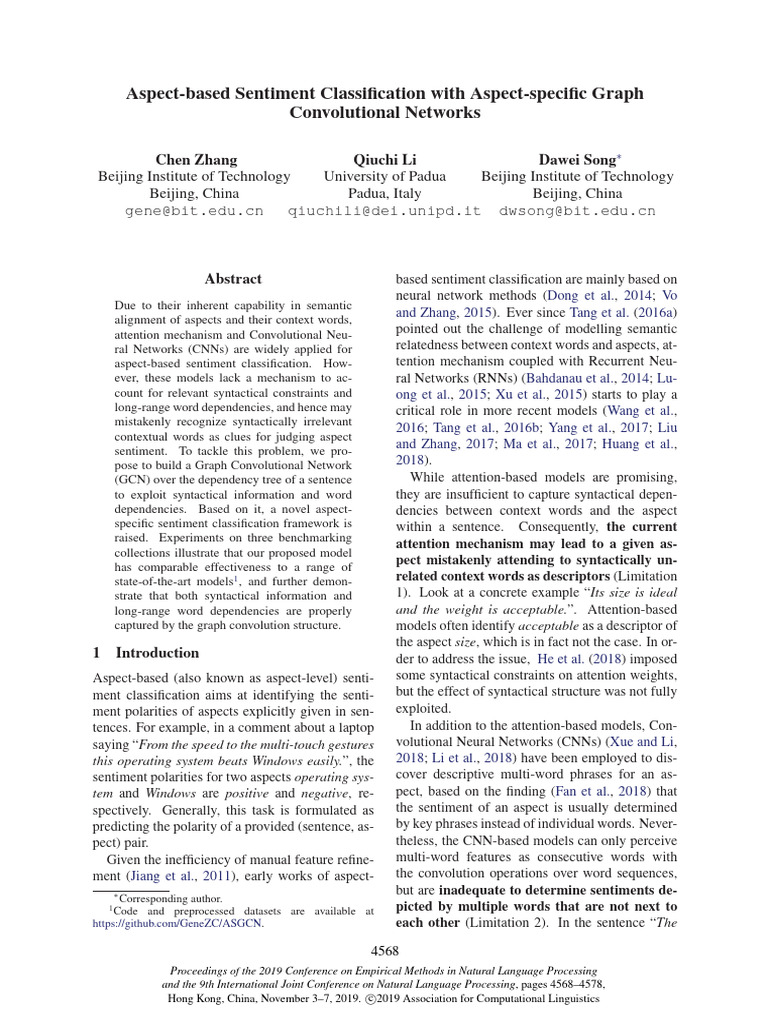 Aspect Based Sentiment Classification With Aspect Specific Graph Convolutional Networks Pdf