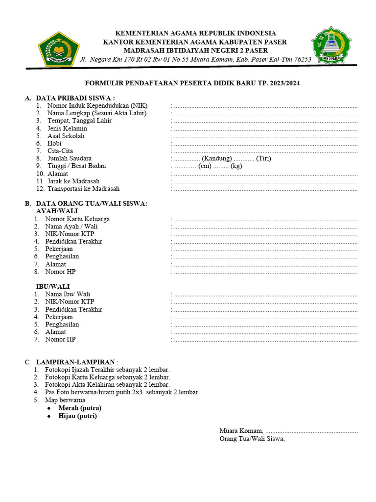 Formulir PPDB MIN 2 2023 | PDF