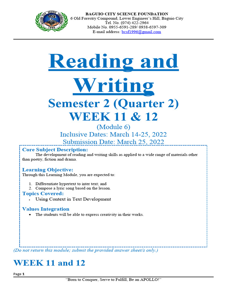 Reading and Writing Module 6 | PDF | Intertextuality | Hypertext