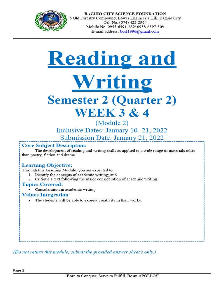 Reading and Writing Module 2 (Q3) | PDF | Learning | Educational Psychology