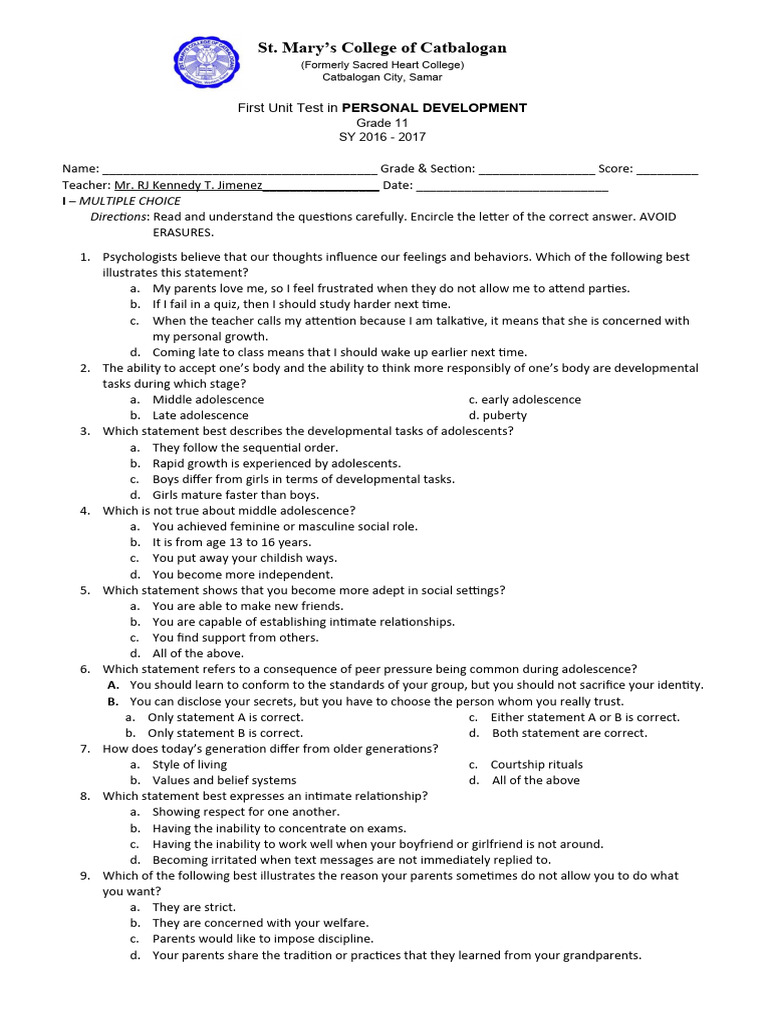 PD 11 Unit Test | PDF | Adolescence | Thought