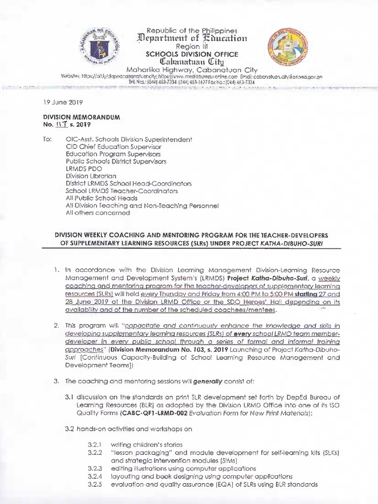 DM No. 117, S. 2019 Division Weekly Coaching and Mentoring Program For The Teacher-Developers of ...