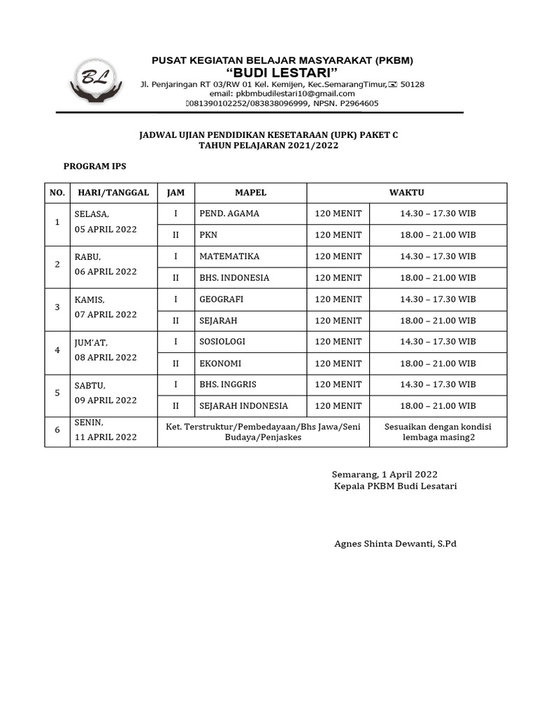 Jadwal Upk Paket A, B Can C 2022 | PDF
