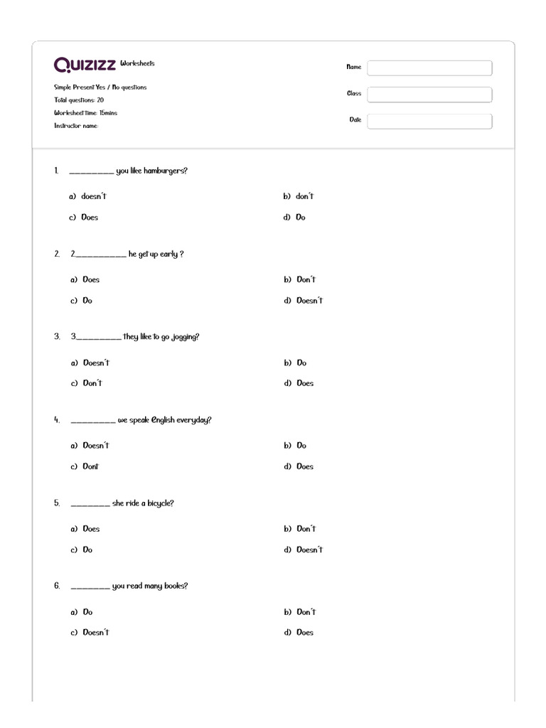 Simple Present Yes/No Questions Worksheet | PDF