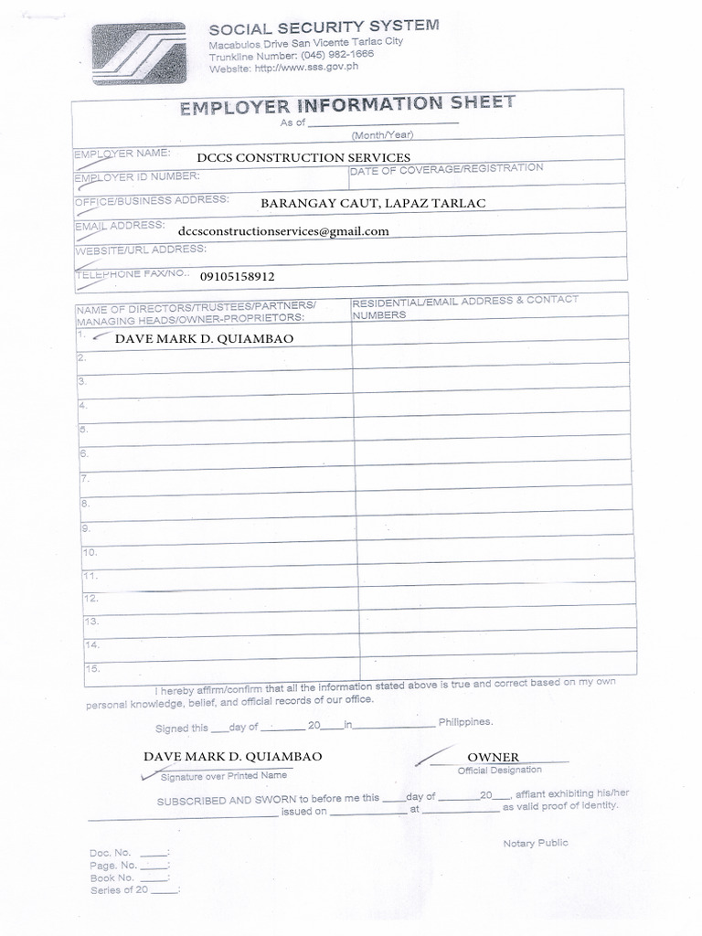 SSS Employer Information Sheet | PDF