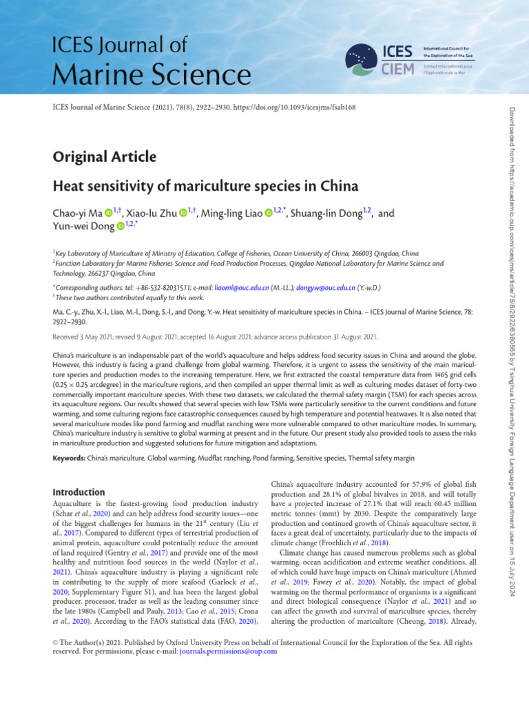 Ma Et Al 2021 Heat Sensitivity Of Mariculture Species In China