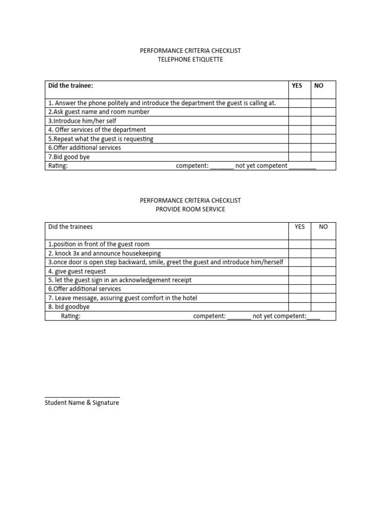 PERFORMANCE CRITERIA CHECKLIST Housekeeping NC II | PDF | Housekeeping ...