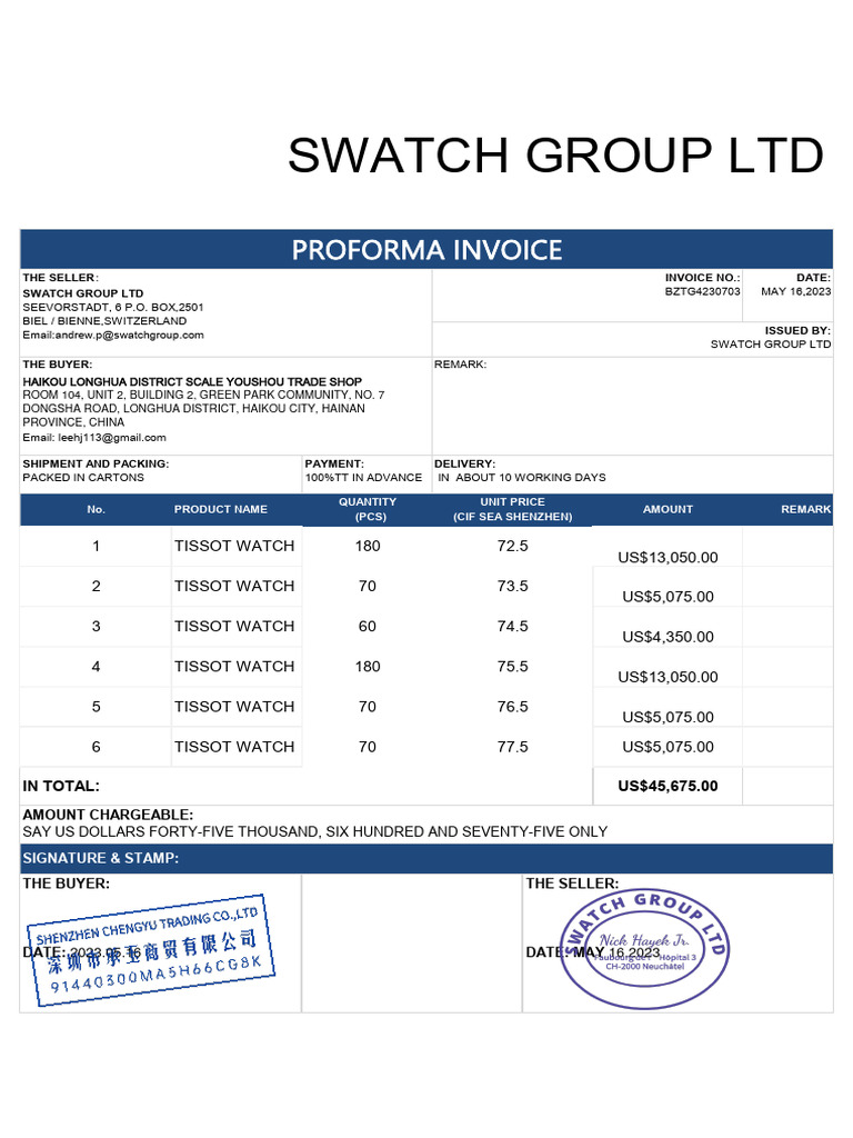 Tissot Watch Invoice from Swatch Group | PDF
