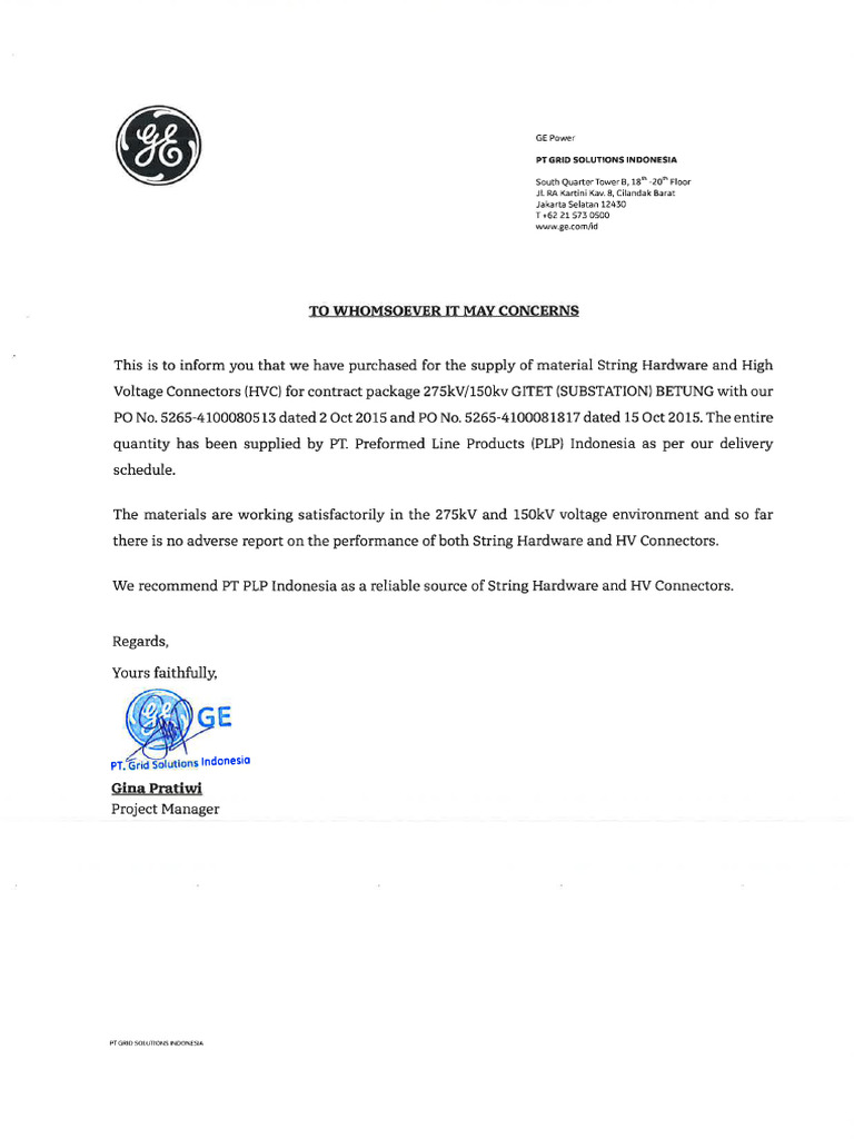 PLP Satisfaction Letter - GE GITET 500 KV BETUNG | PDF