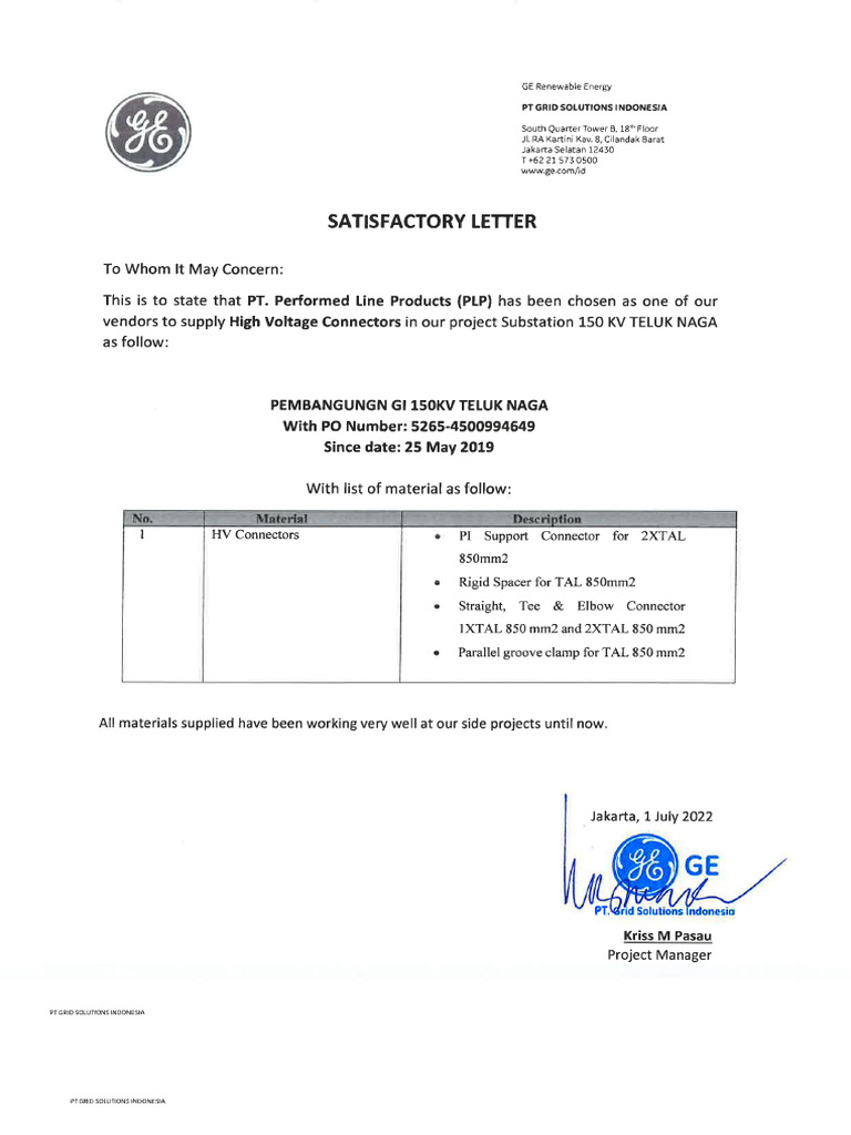PLP Satisfaction Letter - GE GI 150 KV TELUK NAGA | PDF