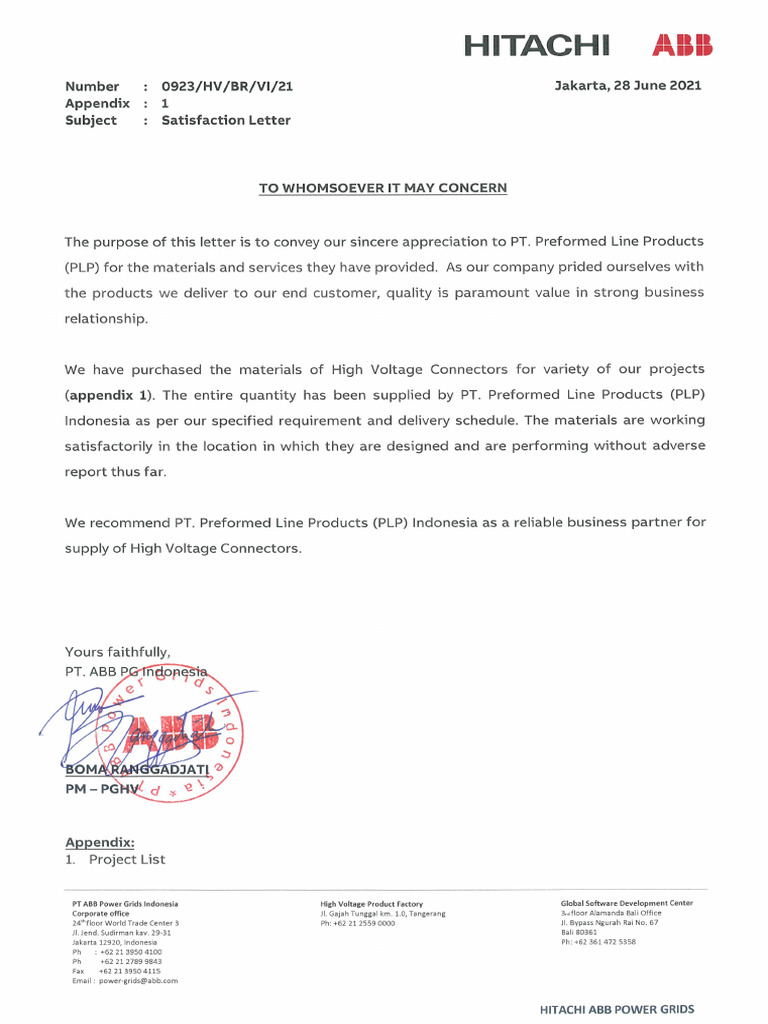 PLP Satisfaction Letter - ABB PG HITACHI | PDF | Power Engineering ...