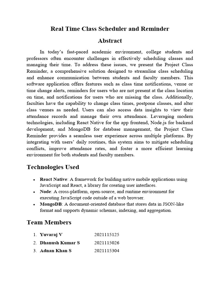 Real Time Class Scheduler and Reminder | PDF
