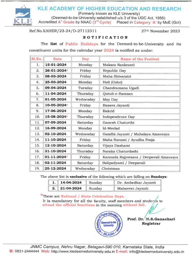 Holidays List 2024 | PDF
