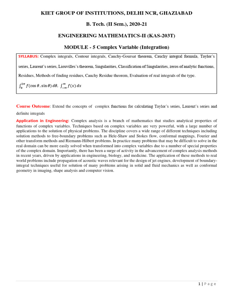Module - 5 (Complex Variable) | PDF | Complex Analysis | Integral