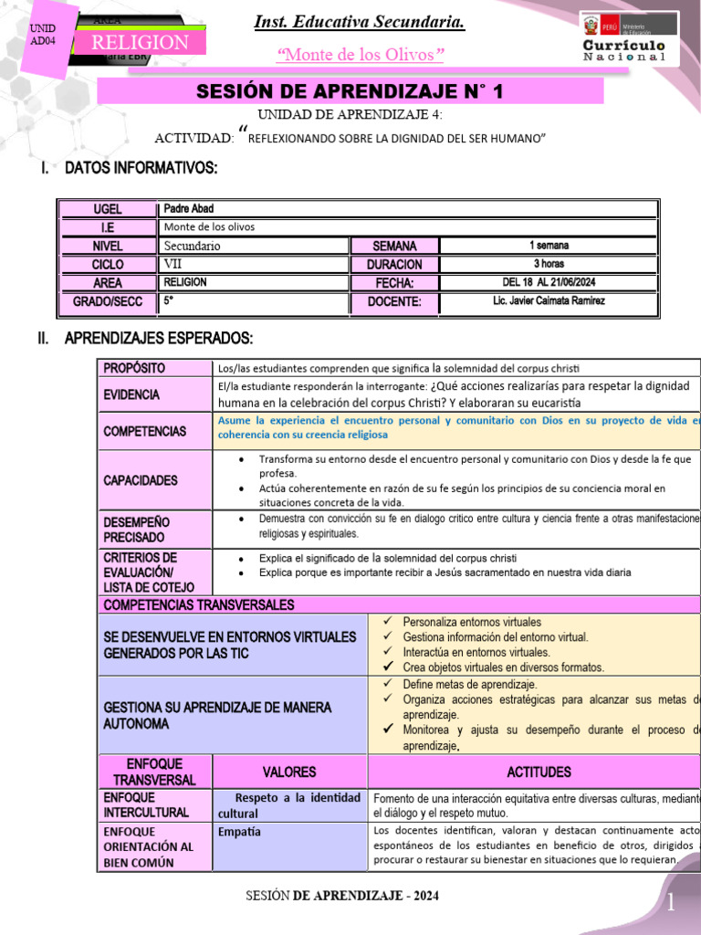 Sesion 5 Unidad 4 Semana 1 | PDF | eucaristía | Iglesia Católica
