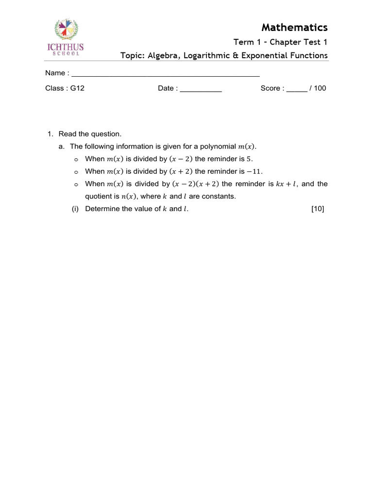 2024-2025 - Mathematics - g12 - Chapter Test-1 - Algebra - Logarithmic ...