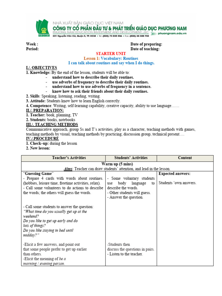 Unit Starter - Tiếng Anh 8 Friends Plus - Kế hoạch bài dạy | PDF ...