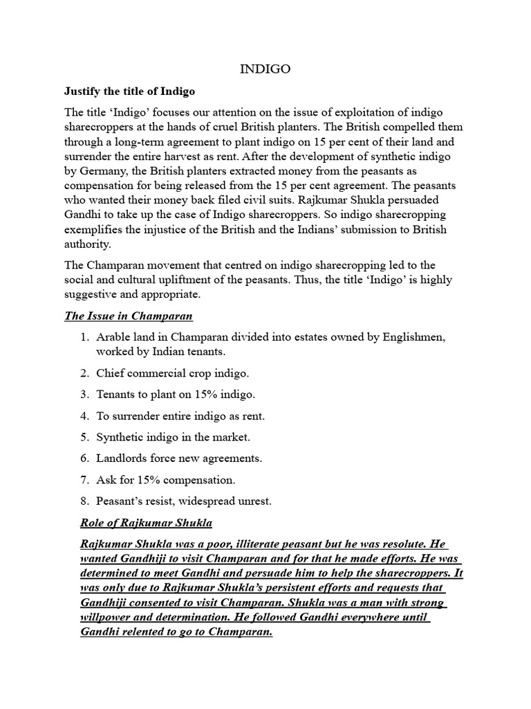 INDIGO - Notes | PDF | Mahatma Gandhi | British Raj