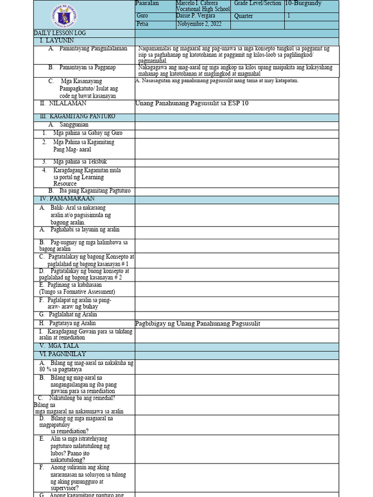 ESP 10-Wk 1 - November 2 | PDF