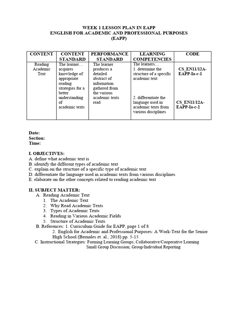 Week 1 Eapp Lessonplan - Compress | PDF | Lesson Plan | Learning