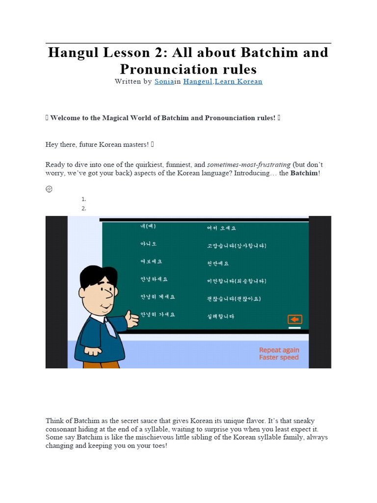 Hangul Lesson 2 Reading Batchim | PDF | Syllable | Consonant