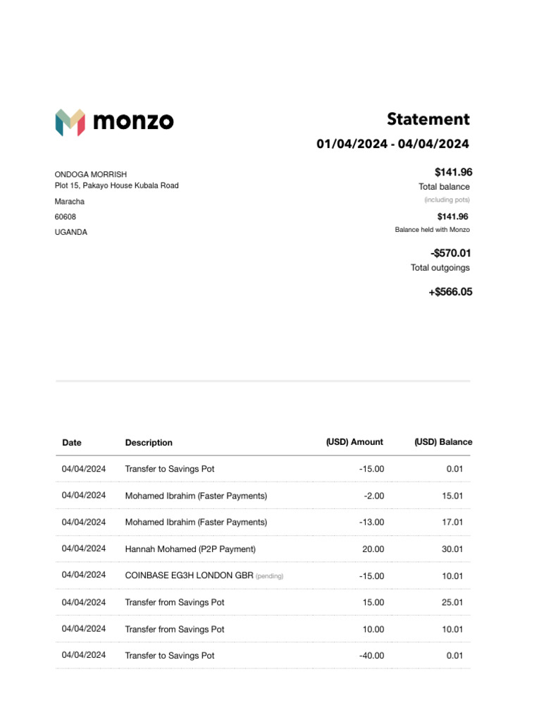 Monzo Platinum Account Statement | PDF | Service Industries | Banking ...