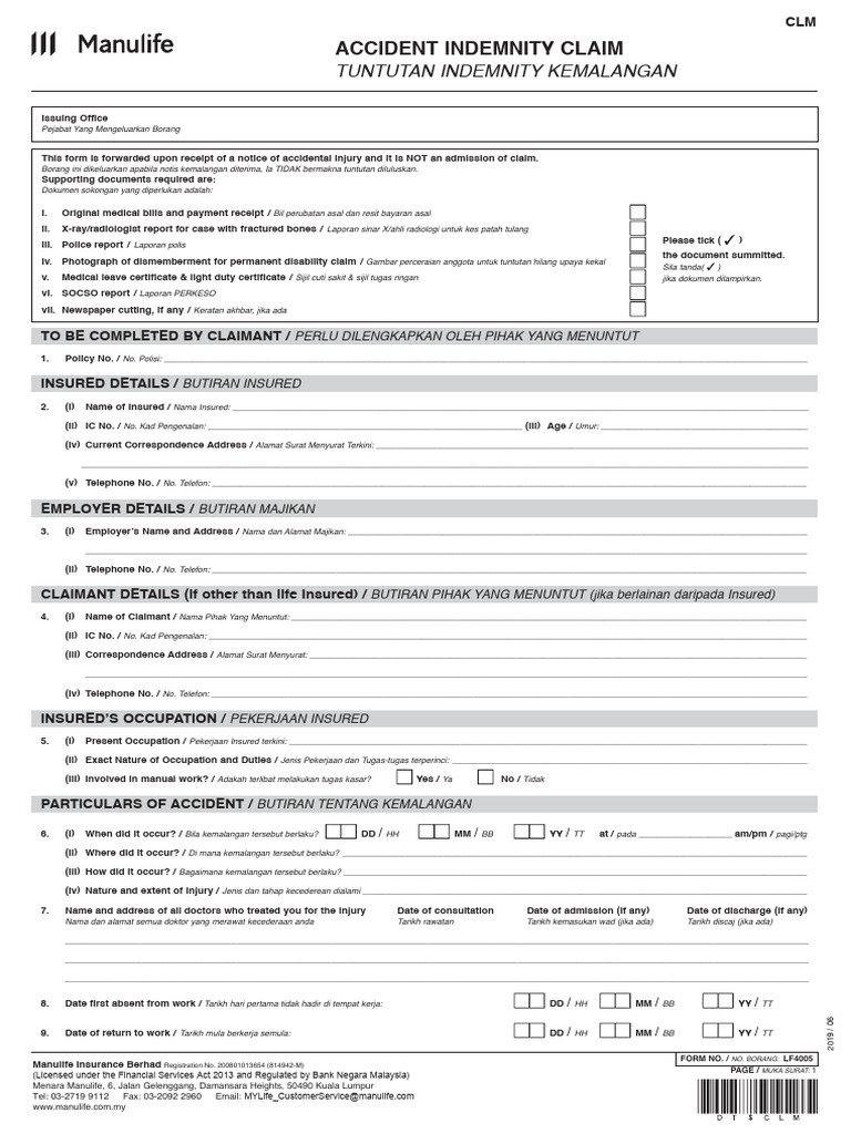 Manulife Accident-Indemnity-Claim Form Template | PDF