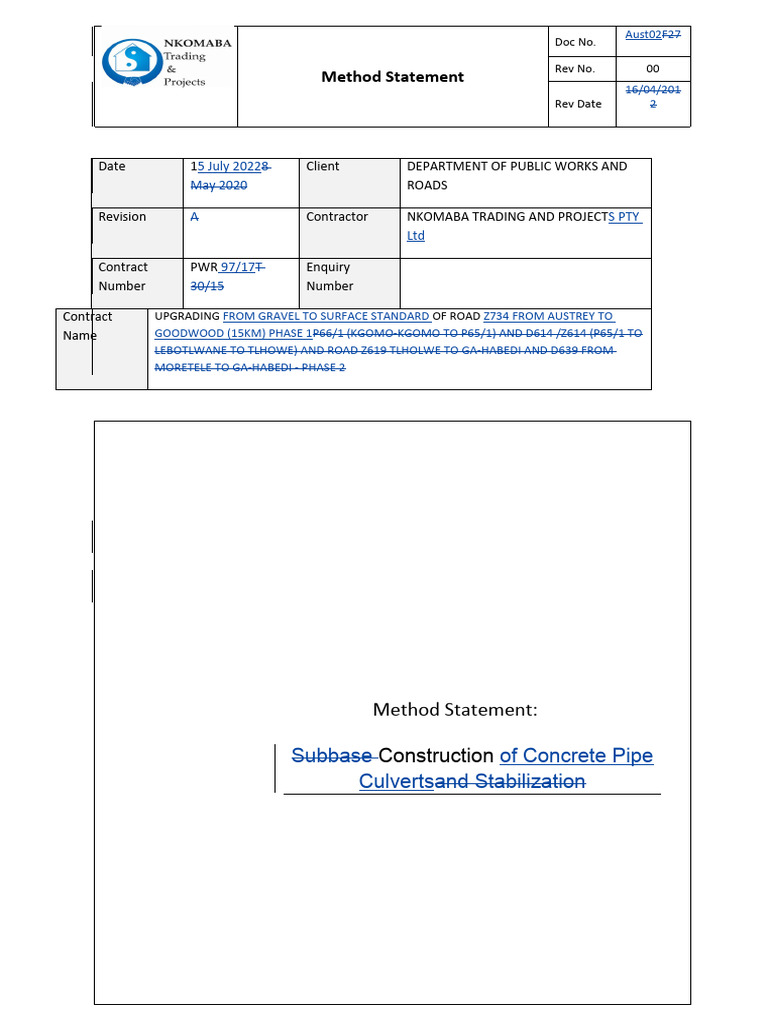 Concrete Pipe Culvert Method Statement | PDF | Concrete | Road